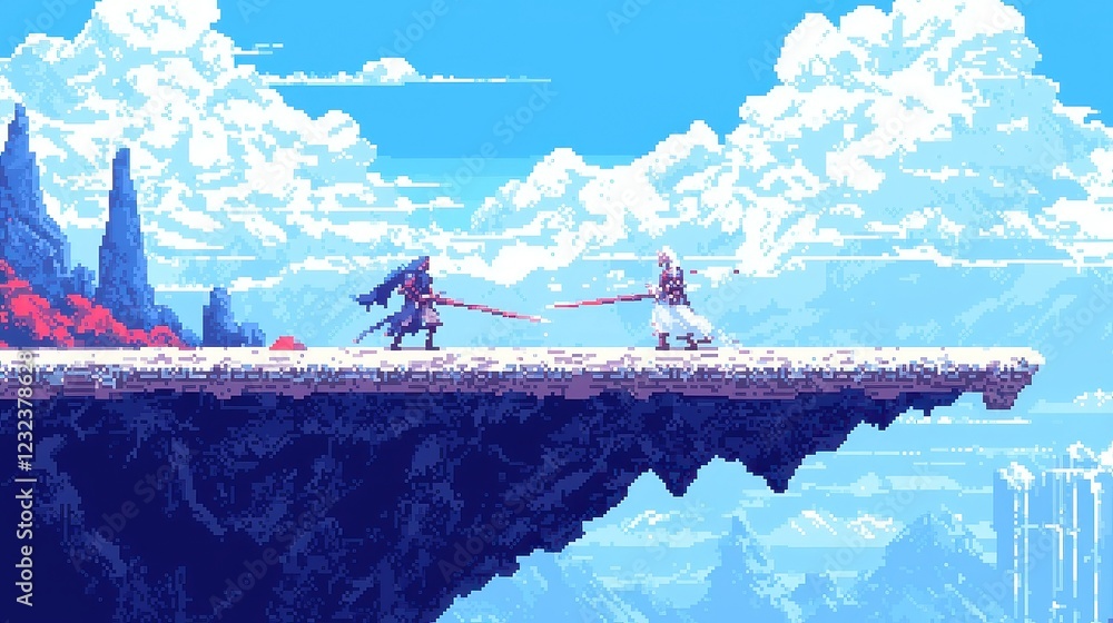 Eternal Duelists, a pixel art scene capturing a floating battlefield ...