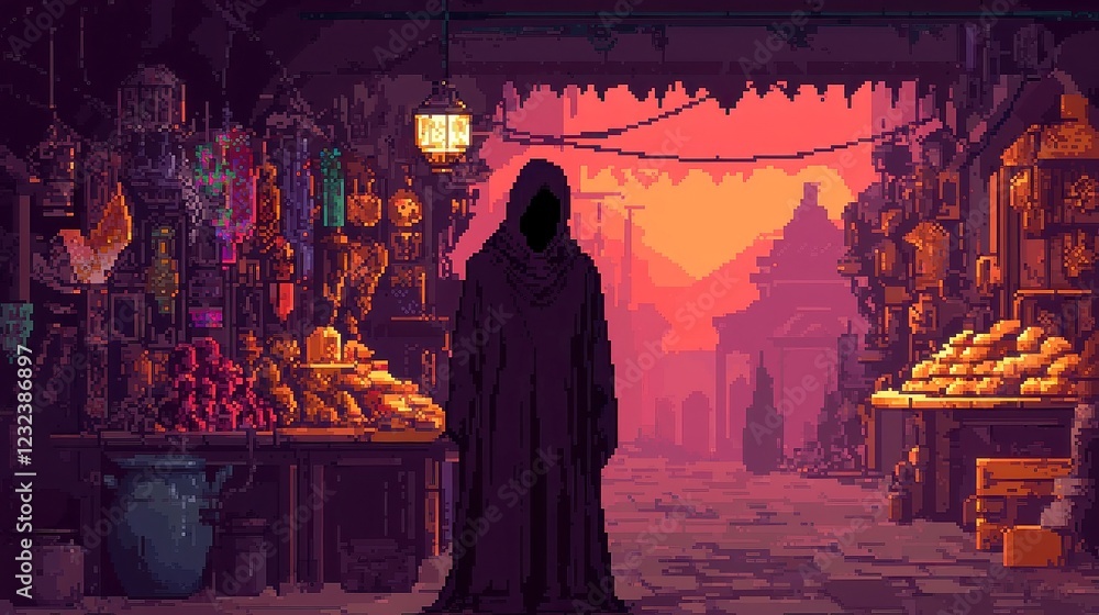 Shadowy Bazaar of Forbidden Artifacts, a pixel art scene showcasing a ...