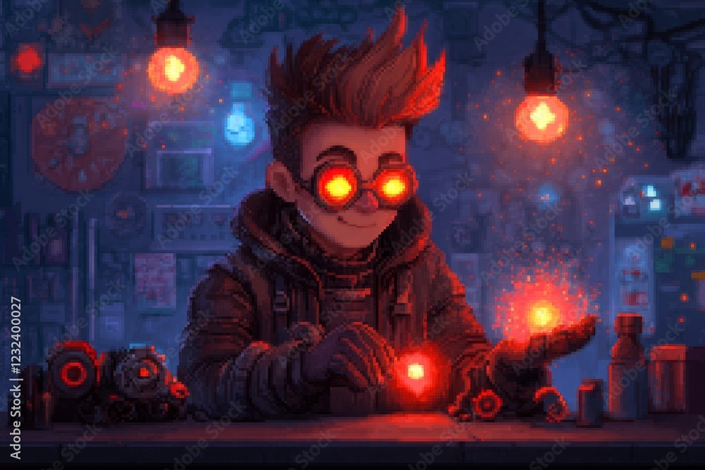A pixel art depiction of a watchmaker adjusting the tiny gears of a ...