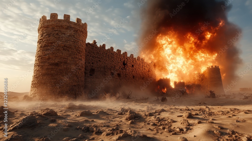 An explosive scene of a medieval castle under siege, emphasizing ...