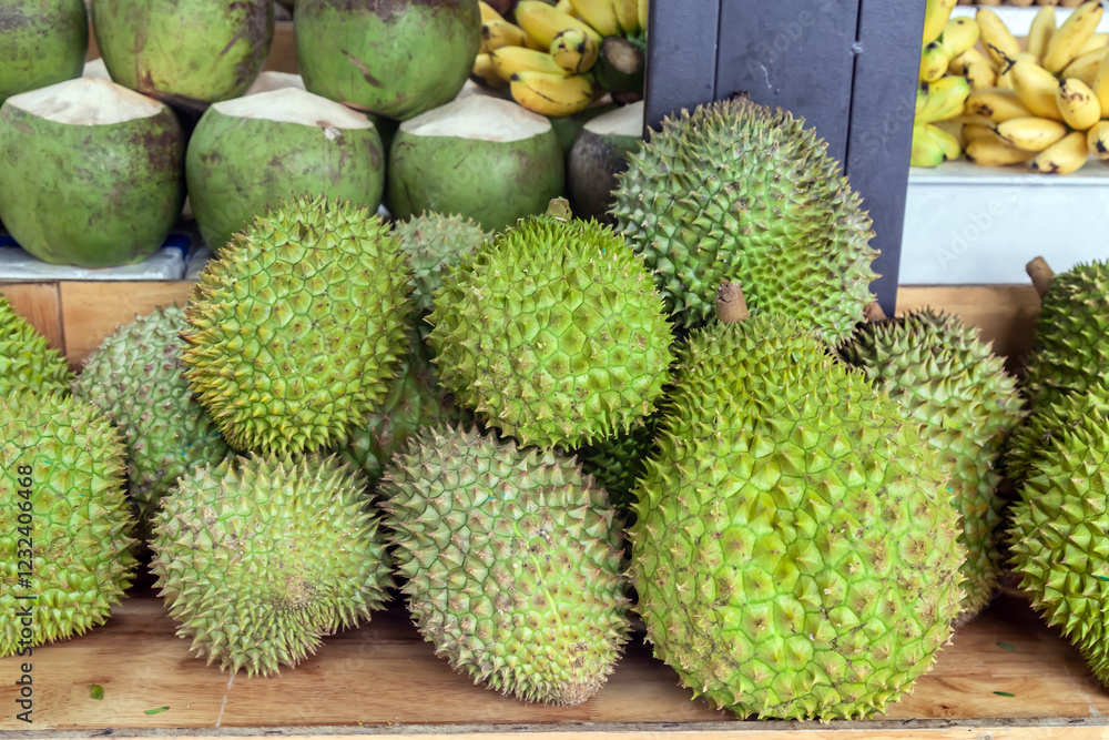 Fresh durian fruit is an exotic and unique tropical delicacy. An ...