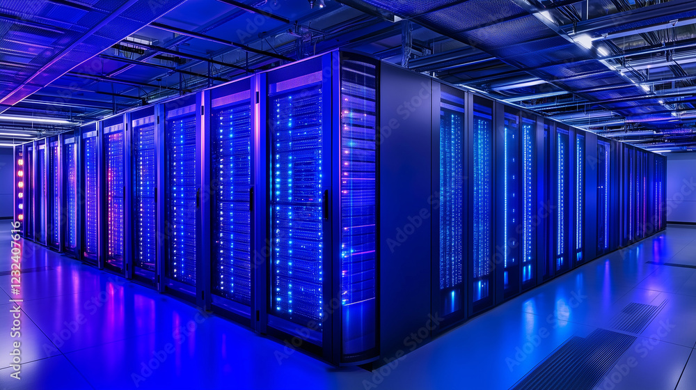 Ultra-modern data center with AI server racks, engineers monitoring ...