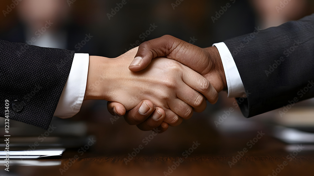 Business professionals shaking hands in a high-end corporate ...