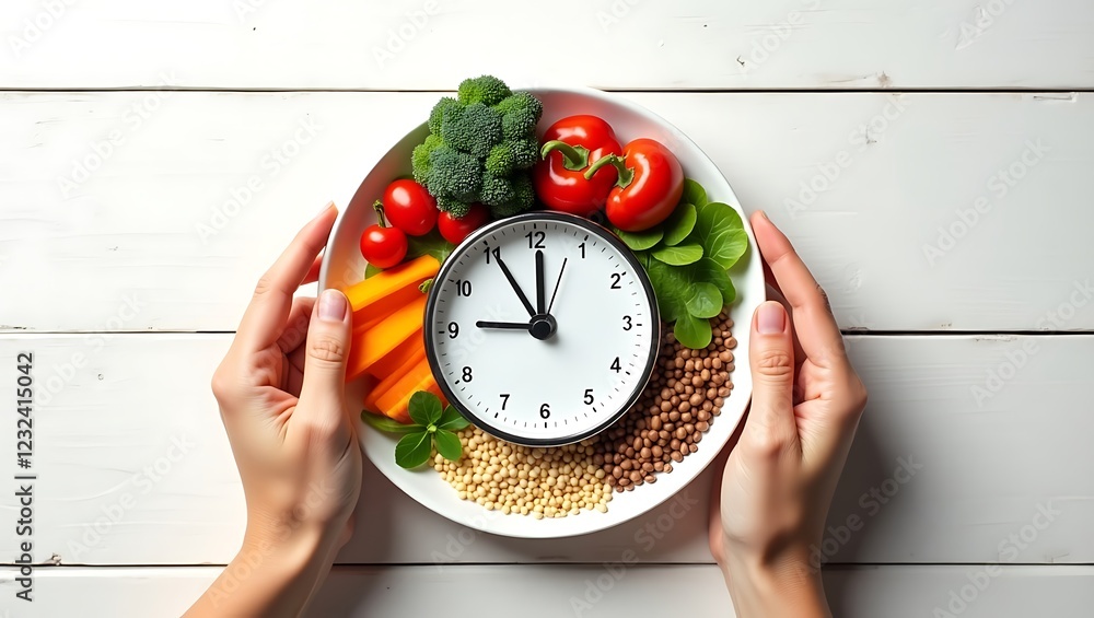 Healthy eating habits time clock plate vegetables diet food wellness ...
