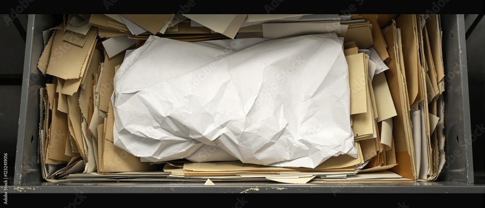 Crumpled white paper in a filing cabinet amidst other office documents ...
