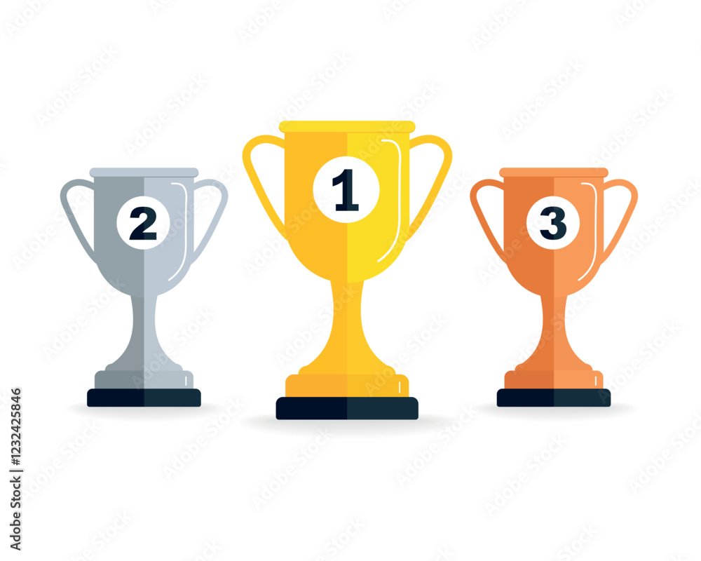 Set of three different color trophy cups with positions flat vector ...