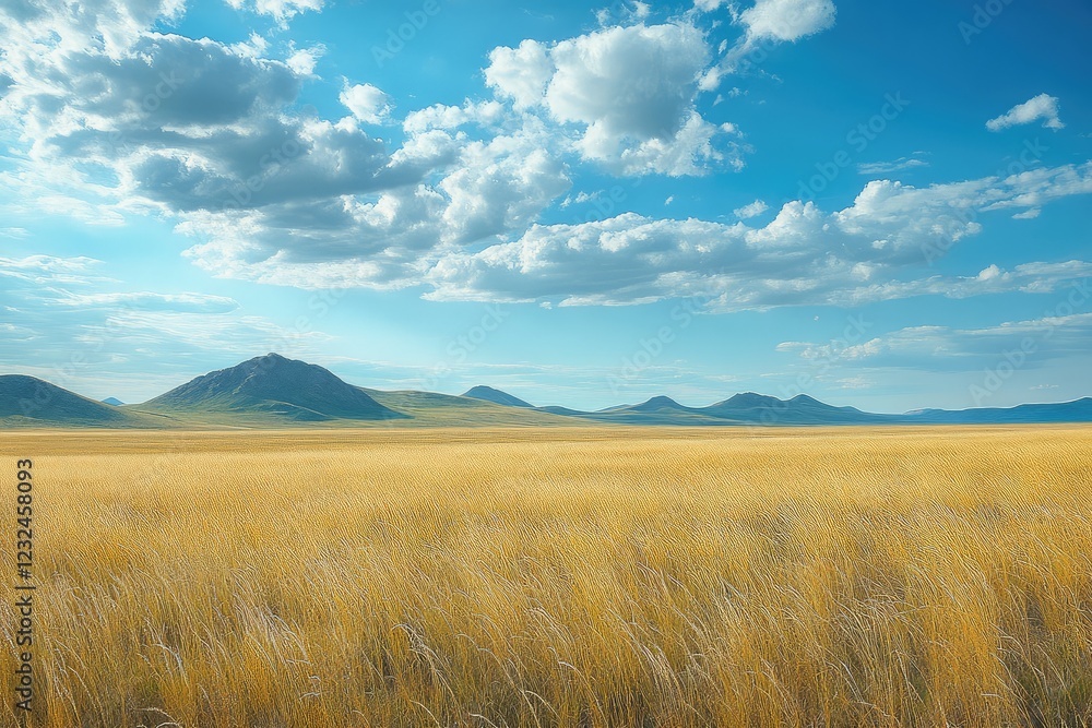 Vast open steppe with distant mountains on the horizon under a dramatic ...