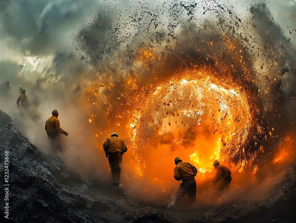 A dramatic scene of volcanic eruption, with figures braving the fiery ...