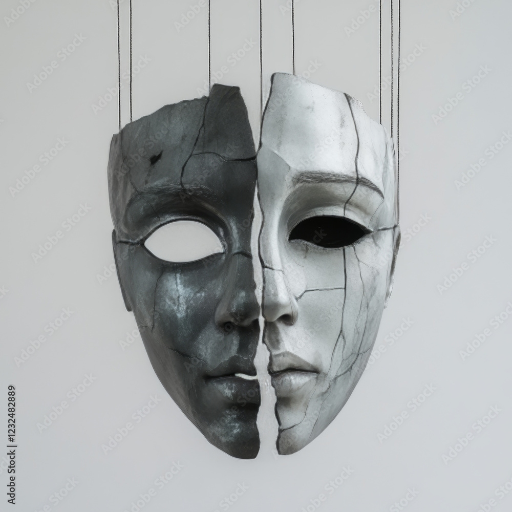 broken theater mask of tragedy and comedy, with puppet strings hanging ...