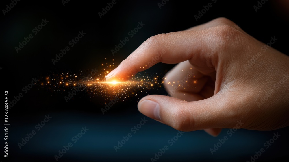 Human finger reaching out to touch and interact with a glowing ...