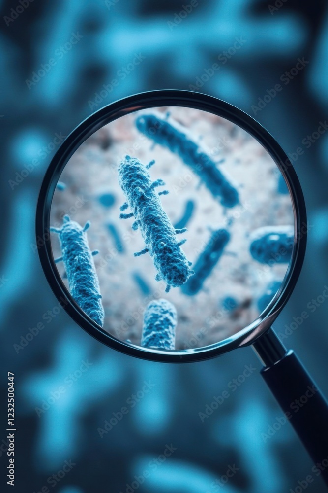 Magnified view of blue bacteria through a magnifying glass ...