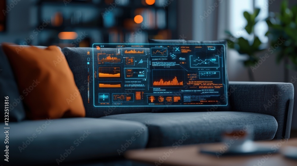 Futuristic digital dashboard interface displaying a smart home control system with various icons ...