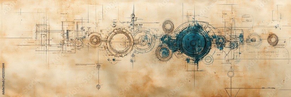 Complex blueprint featuring intricate gears and mechanisms on aged ...