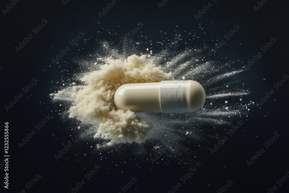 Pill capsule erupts with powdered contents creating a striking visual ...