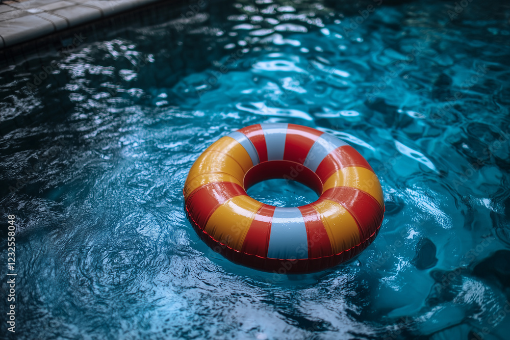 swimming pool top view an inflatable bright circle floats in it the ...