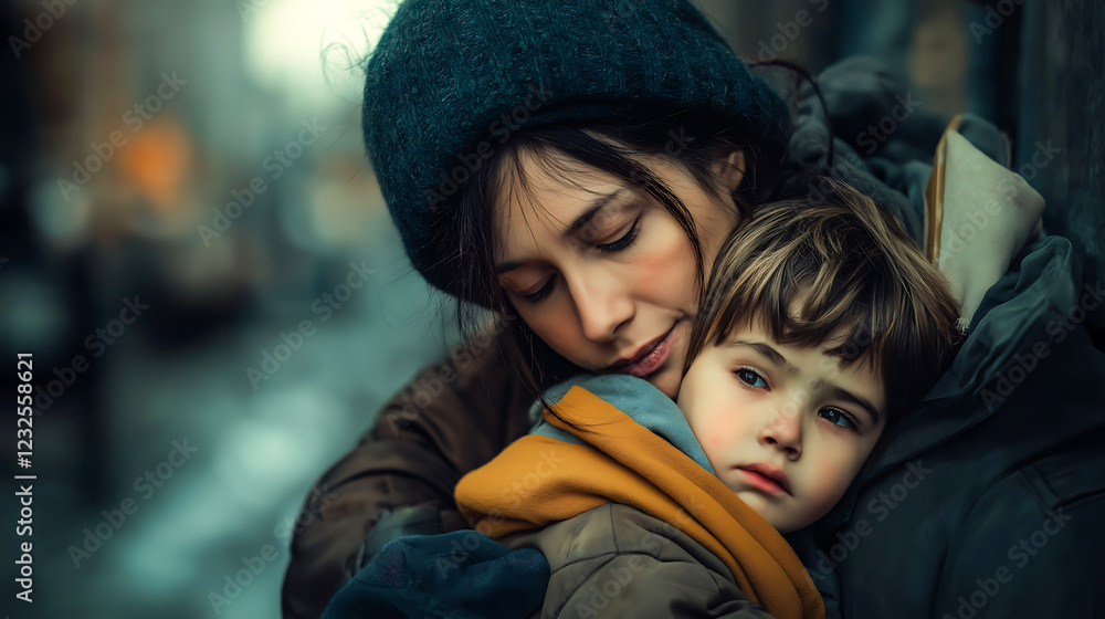 Homeless mother and her son embracing each other tightly on a desolate ...
