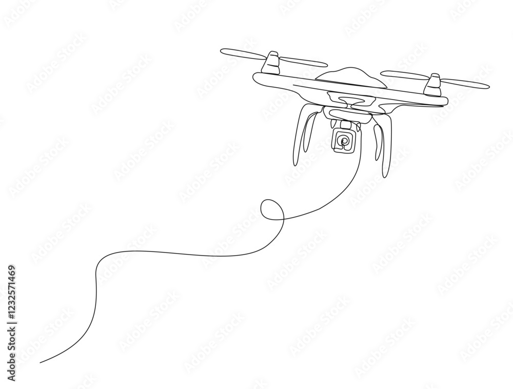 Continuous one line drawing of flying drone design. Drone aircraft in ...