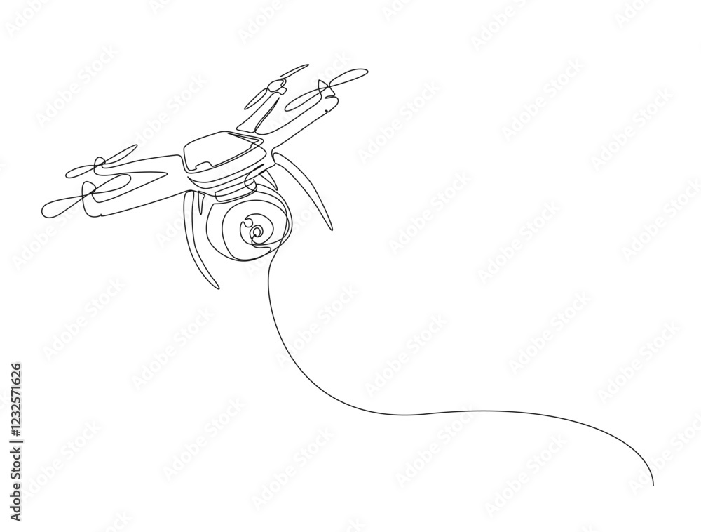 Continuous one line drawing of flying drone design. Drone aircraft in ...