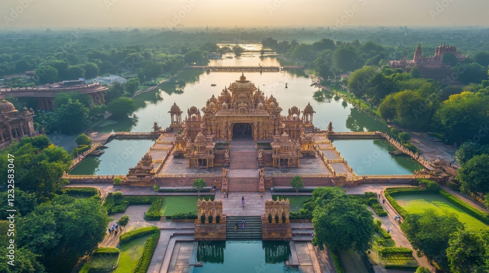 Delhi aerial view of the Akshardham Temple, surrounded by lush gardens ...