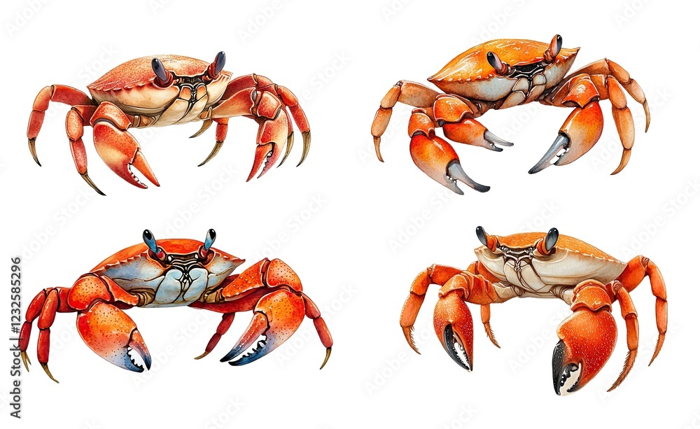 Set of realistic illustrations of crabs various poses and angles ...