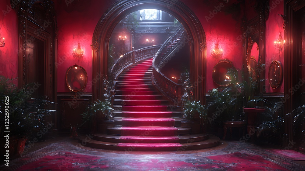 Red carpet grand mansion staircase, interior, dark, gothic, mystery ...