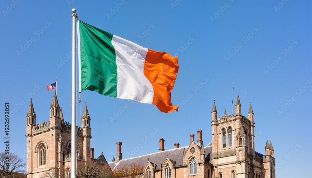 Irish flag waving in front of historic building under clear blue sky ...