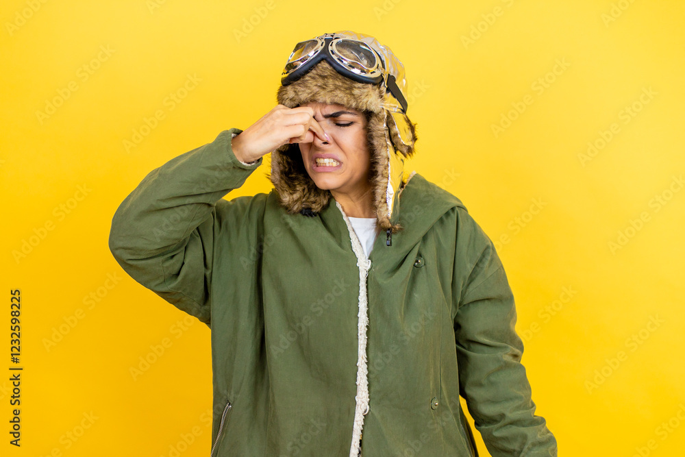 Young aviator woman wearing vintage pilot helmet with glasses and ...