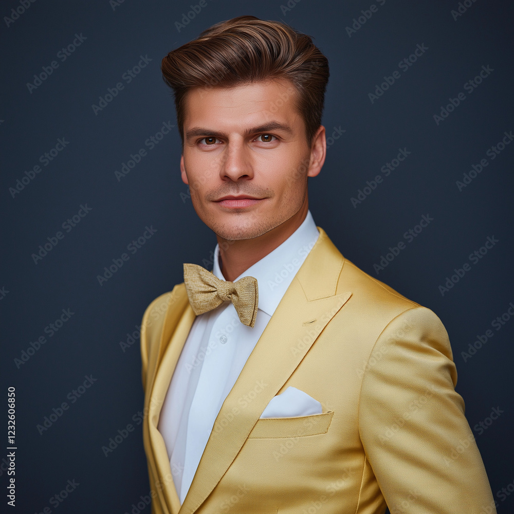 Elegant male model in yellow suit studio portrait fashion photography ...