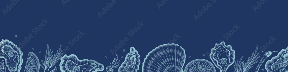 Horizontal border with oysters on a dark blue background. Hand-drawn ...