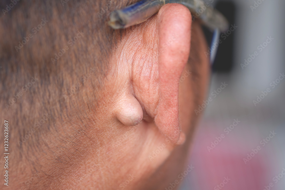 A large sebaceous cyst lump on base behind the external ear of middle ...