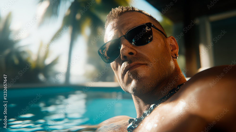 Mafia boss, drug cartel hitman, chilling in swimming pool Stock Photo ...