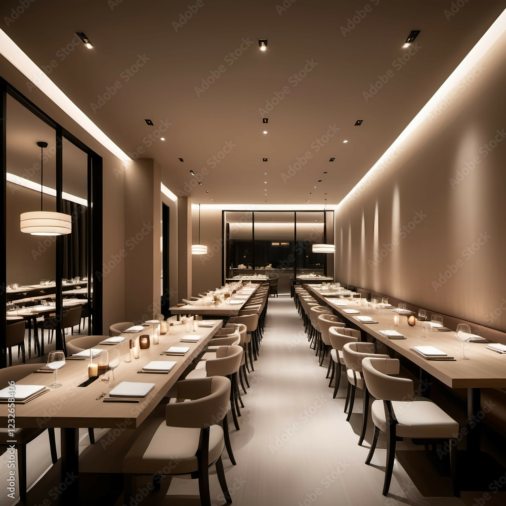 Elegant Minimalist Restaurant – A fine dining space with long, clean ...