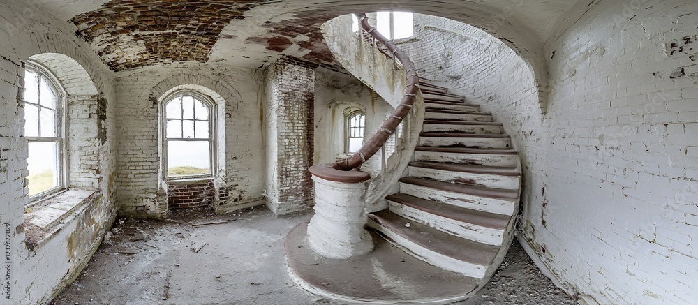 Derelict lighthouse spiral staircase; ocean view, peeling paint, decay ...