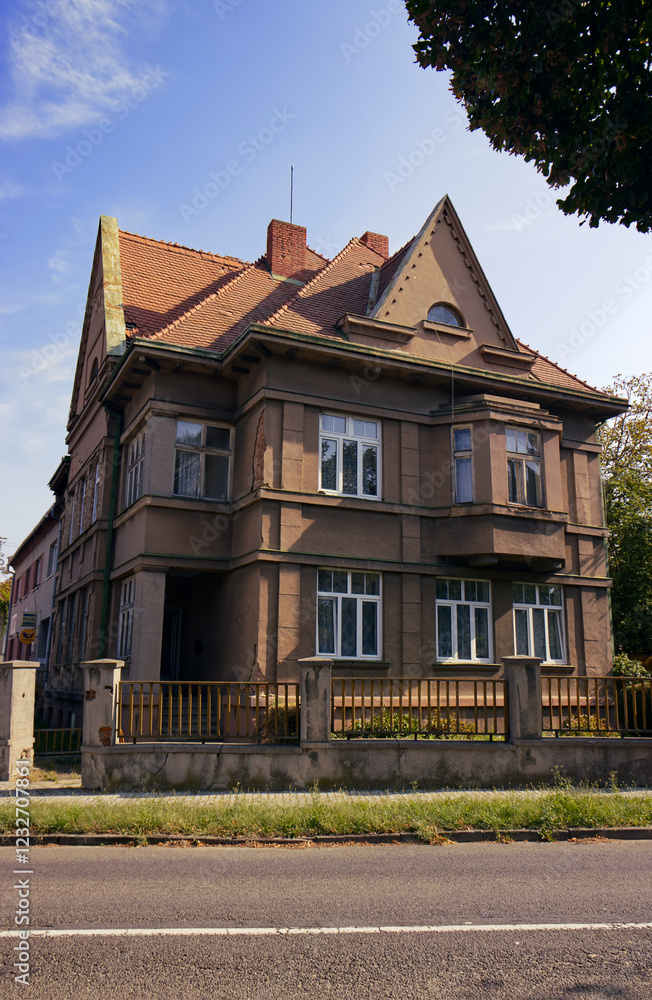 Old historic family house. Old house with lots of windows. A street in ...