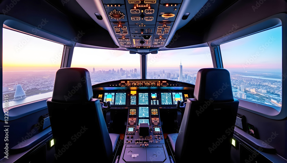 cockpit view of modern aircraft with advanced avionics and ...