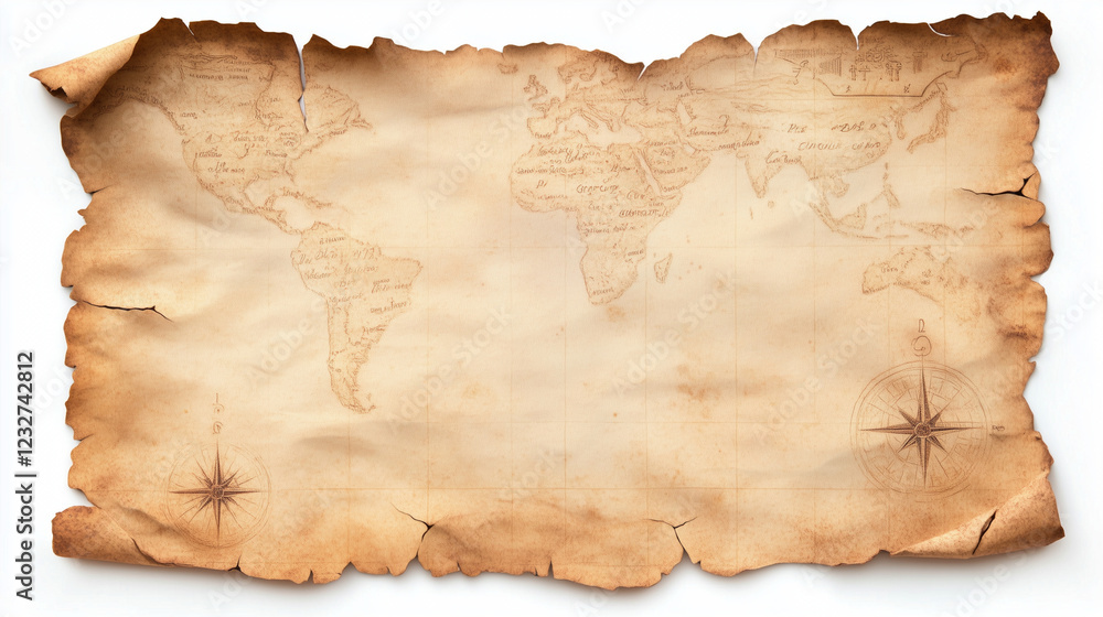 An old pirate treasure map on a white background, featuring aged paper ...