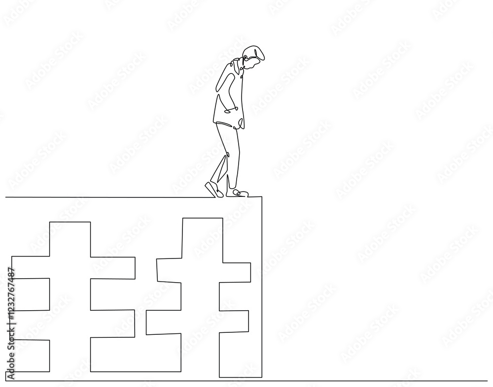 Continuous line drawing of depressed man standing edge of building ...