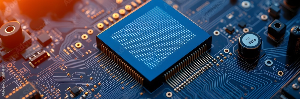 stock photo An overhead close-up of a blue microprocessor chip on a ...