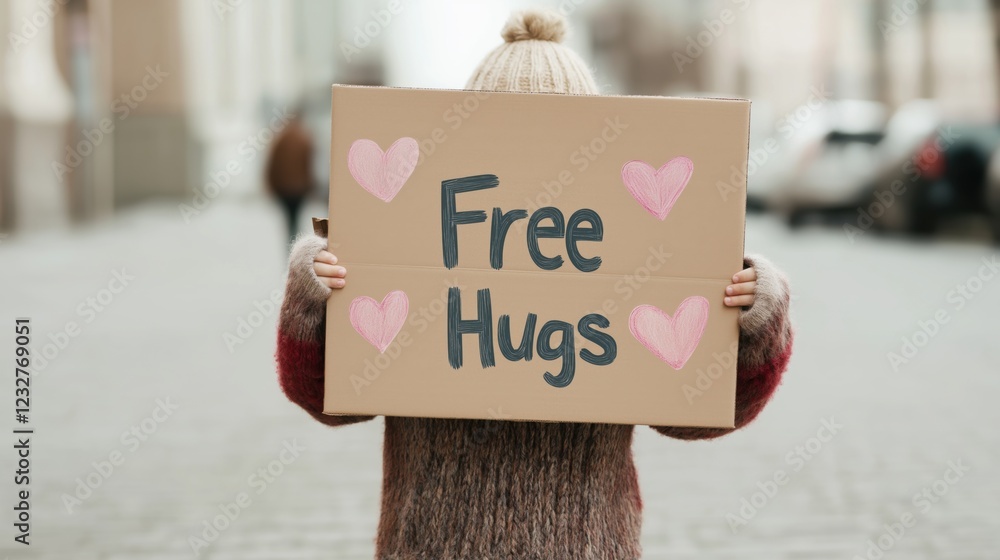 Person holding 'free hugs' sign with heart symbols on cardboard in ...