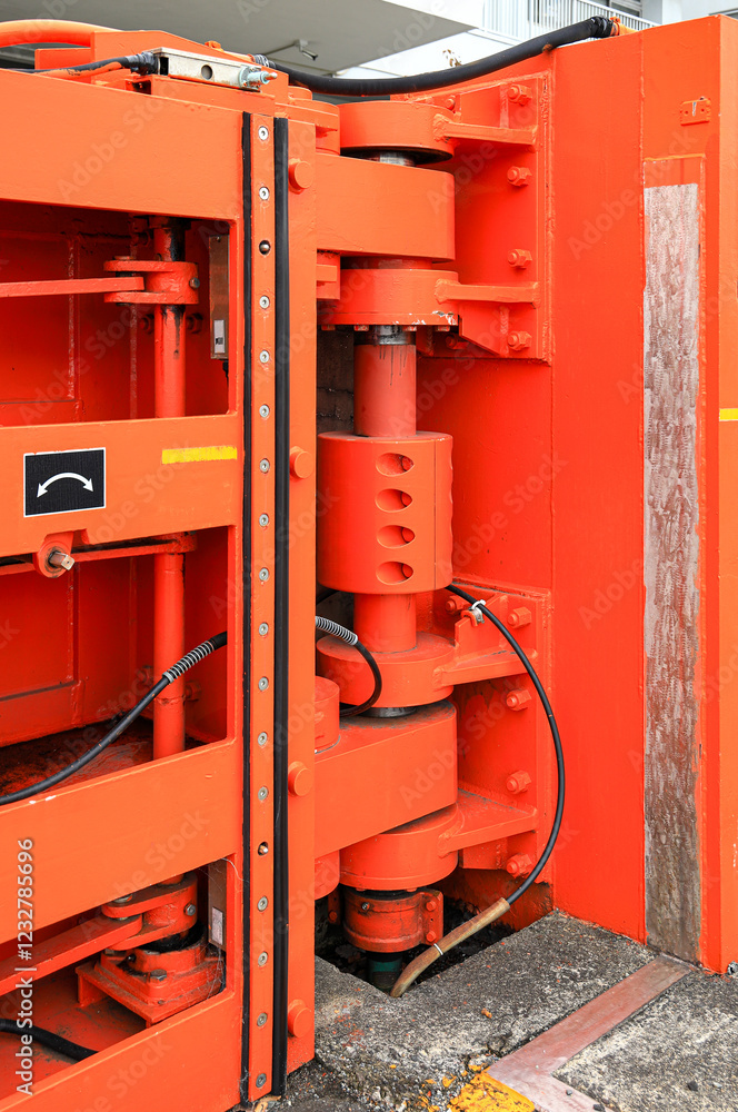 Hydraulic Hinge of big red gate at port, steel gate for Water retention ...