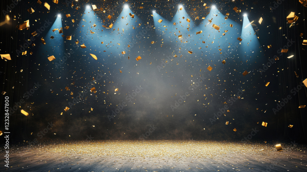 dramatic beauty pageant stage with golden confetti falling, illuminated ...