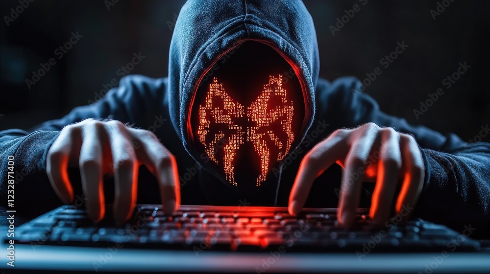 Hooded Figure Codes World Map on Keyboard Stock Illustration | Adobe Stock