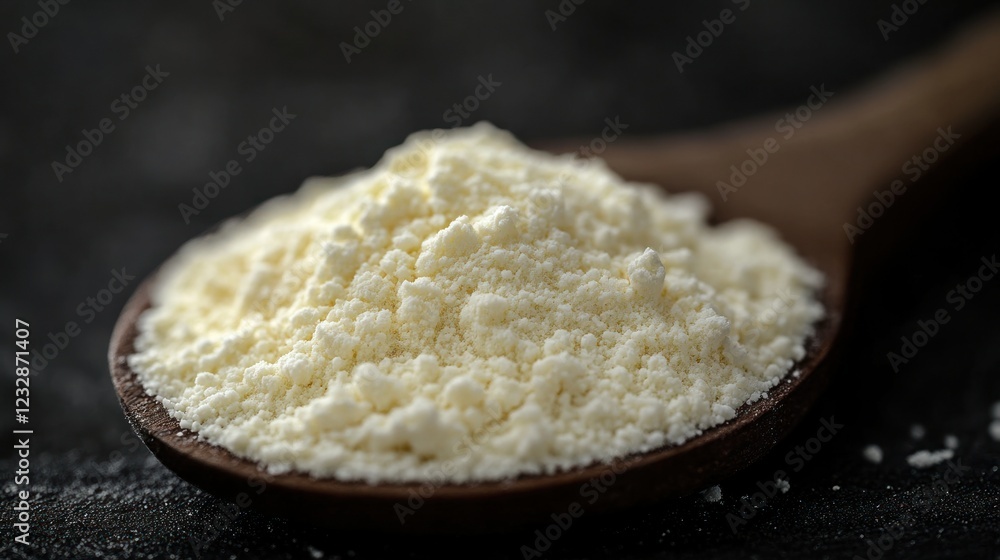 Spoonful of flour on dark background, baking ingredient, food ...
