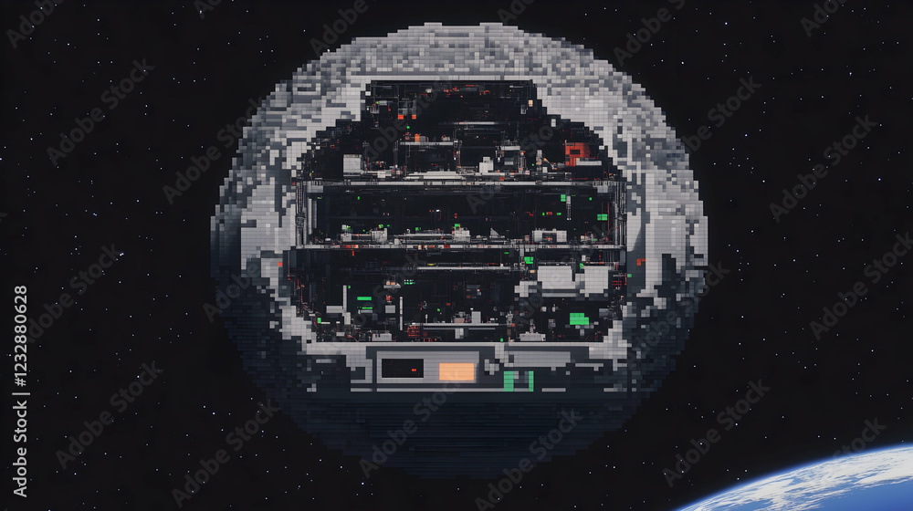 Pixel art space station orbiting Earth, showing internal structure ...