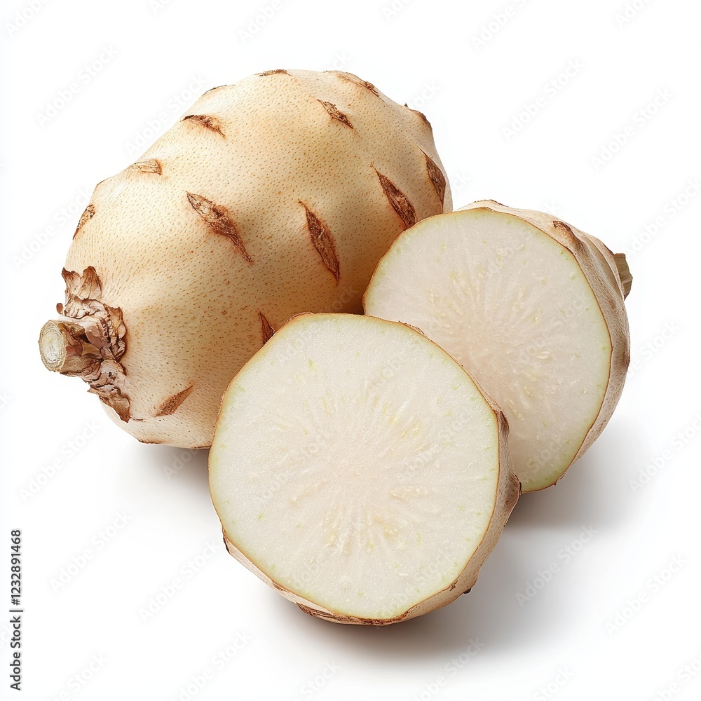 This image features a whole and sliced jicama, a crunchy root vegetable ...