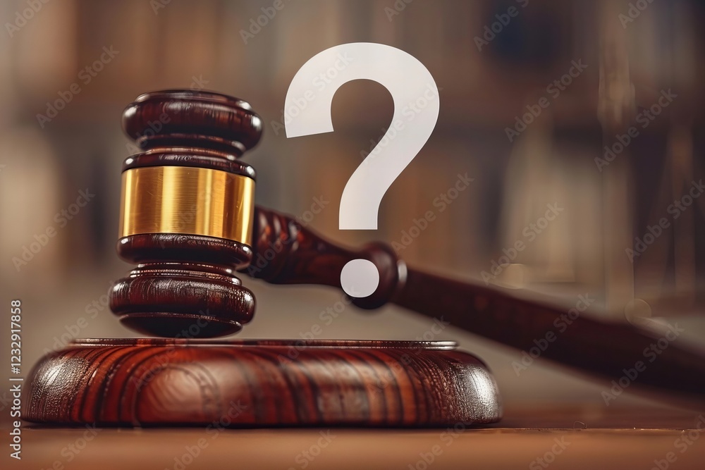 Closeup of a question mark overlaid on a background of an auction gavel ...