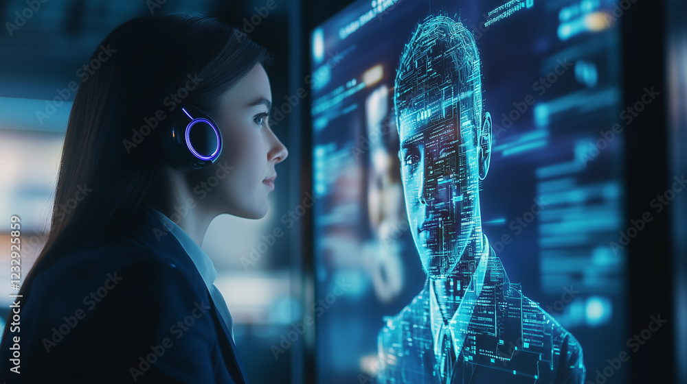 human call center agent and an AI assistant displayed on a floating ...