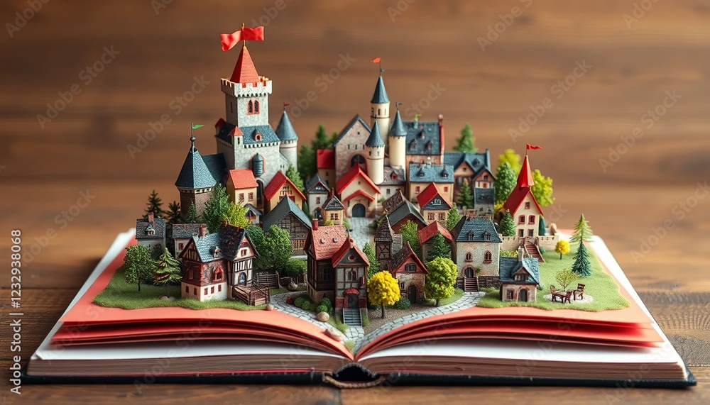 Storybook Town: A whimsical 3D pop-up illustration depicting a charming ...