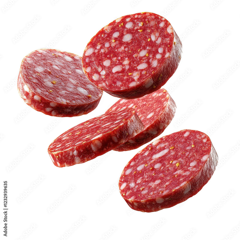Salami sausage slice isolated background white meat smoked cut dry. Top salami sausage slice ...