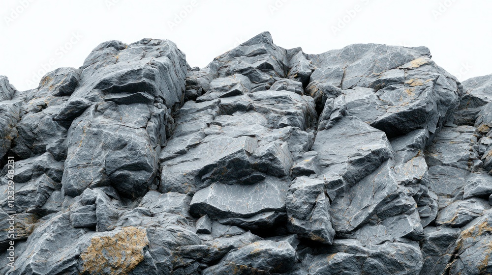 Jagged rock cliff edge on white, clear sky background, for texture ...